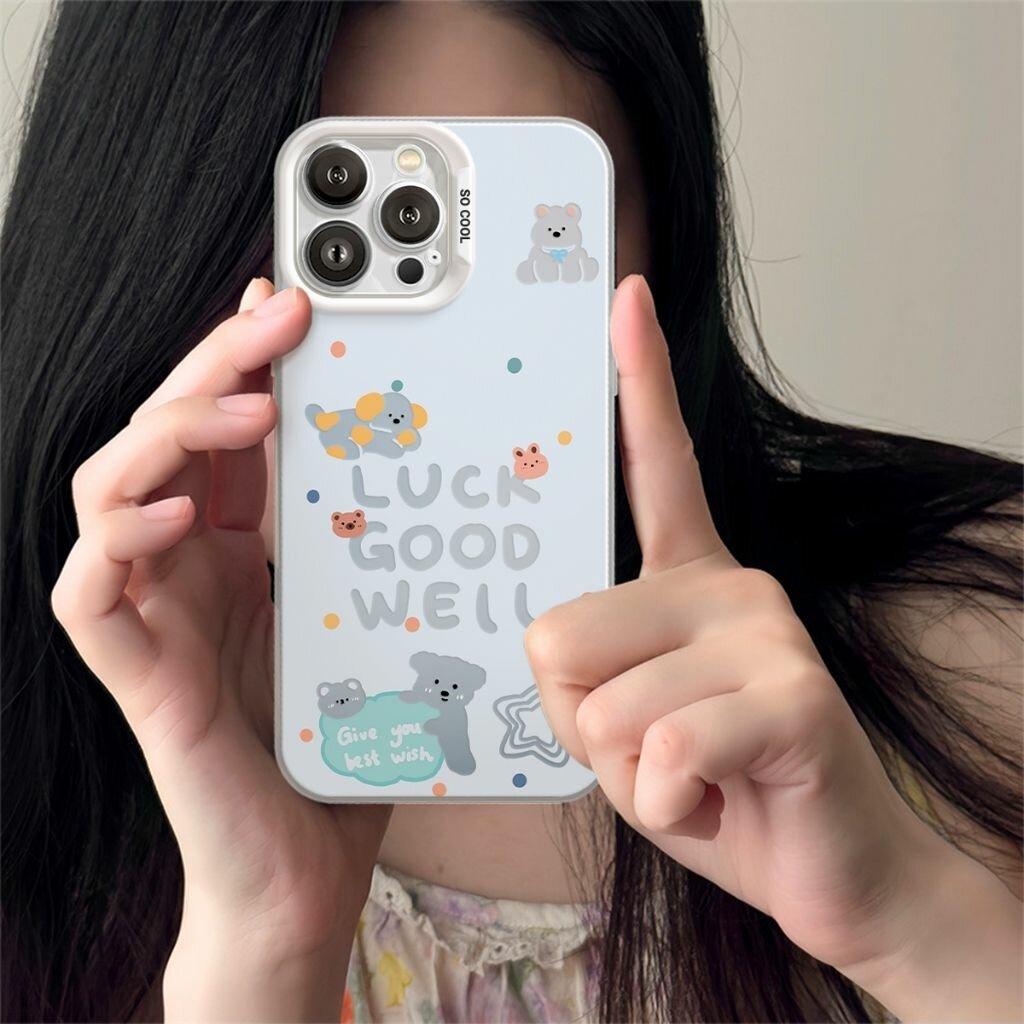 Чехол на Aйфон 16 / IPHONE 16 белый Милый принт с животными и надписью LUCK силиконовый противоударный
