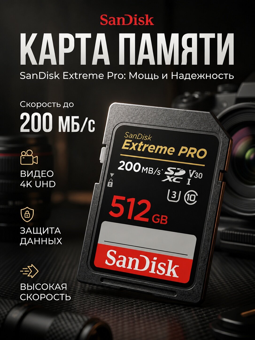 Карта памяти SanDisk Extreme PRO SDXC 512 ГБ Class 10 UHS-II U3 V60 6K-Video (R/W 200/140 Mb/s)