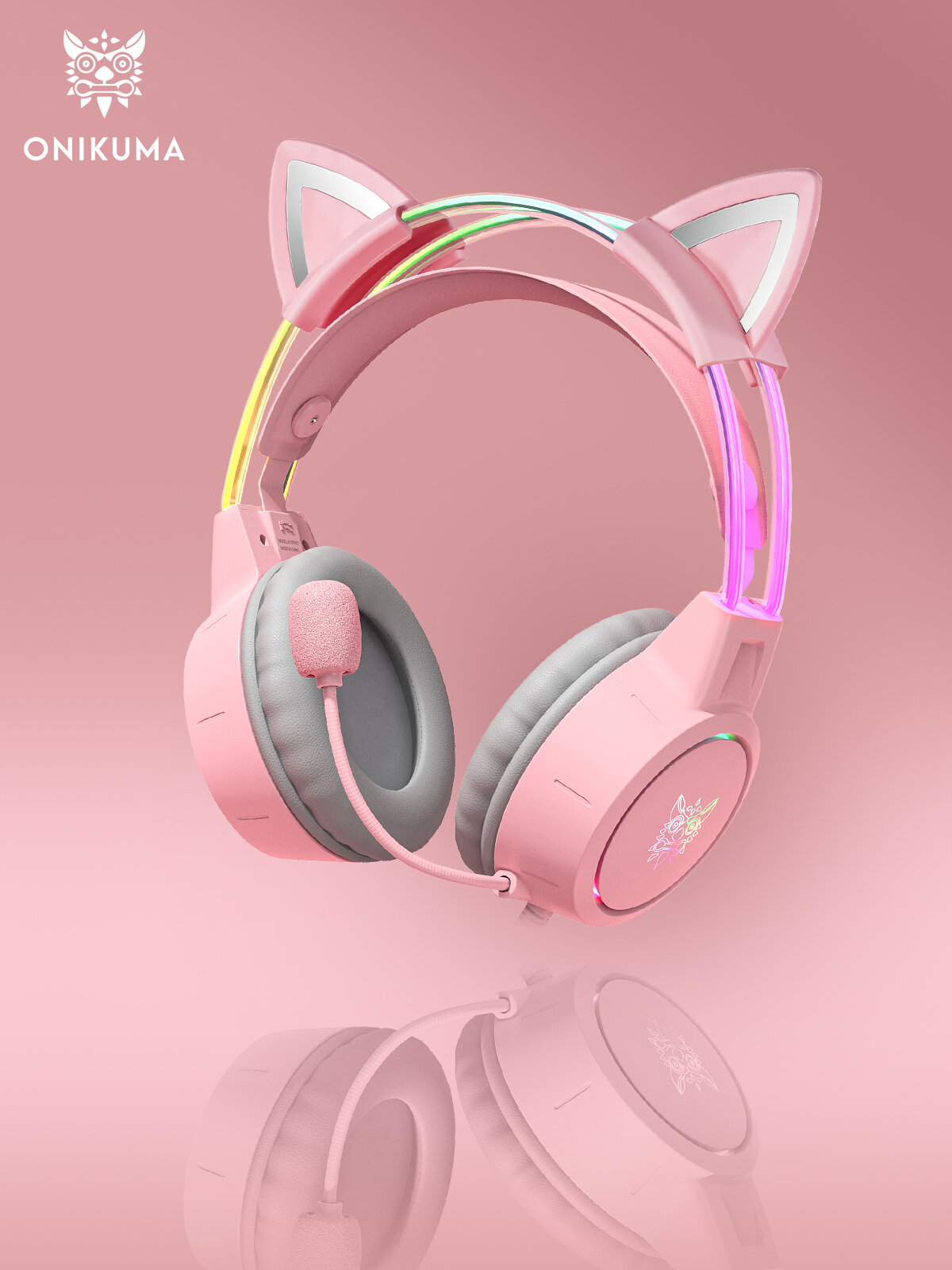 Наушники проводные ONIKUMA Pink Star розовые с кошачьими ушками и подсветкой