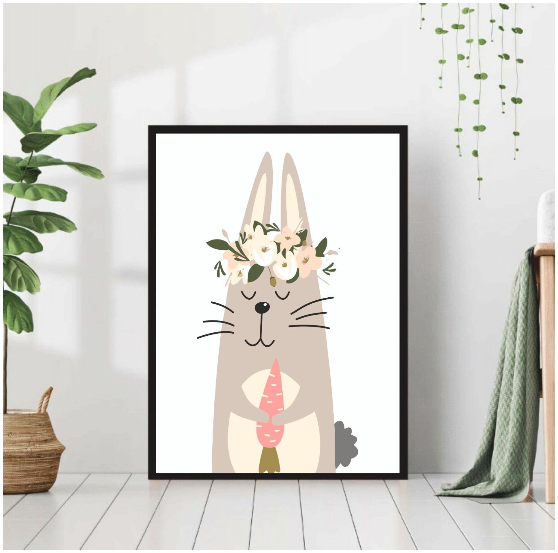 Постер "Зайчик в венке с морковкой для детской" 40x50 в черной рамке для интерьера на стену