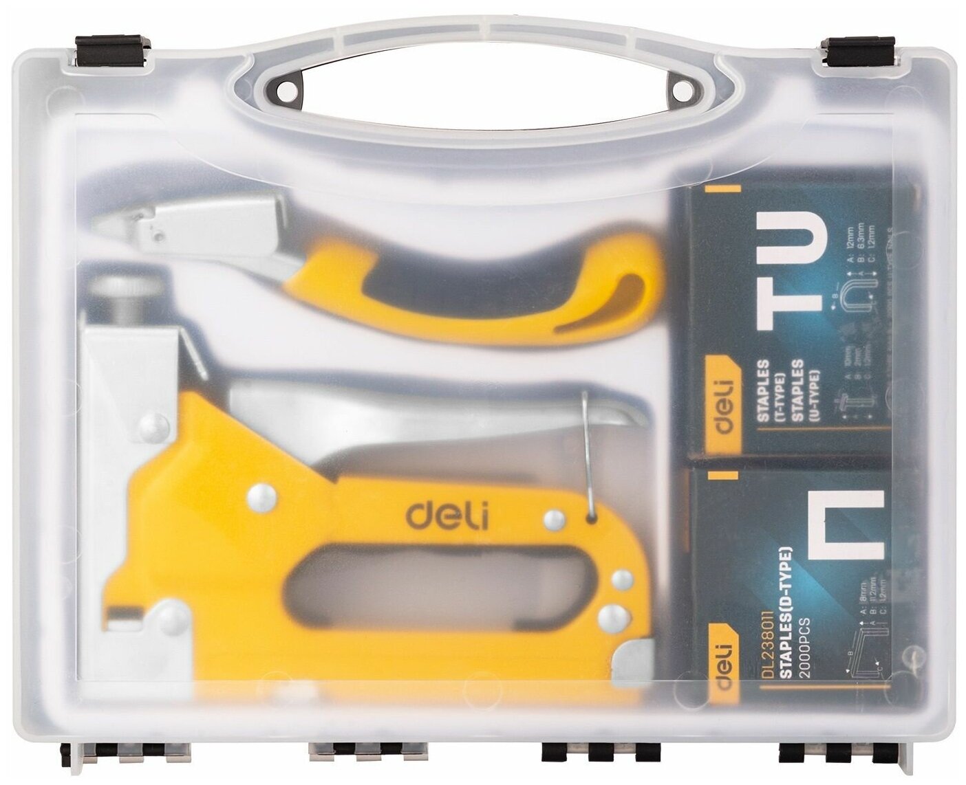 Строительный мебельный степлер DELI металлический с регулировкой + антистеплер DL238105 с набором скоб в кейсе (Тип скоб 140/53F П, U, T по 2000шт каждых) 98418