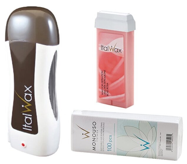 ItalWax Набор для депиляции: Воскоплав, Воск роза - 1 шт, Полоски для депиляции (100 шт)