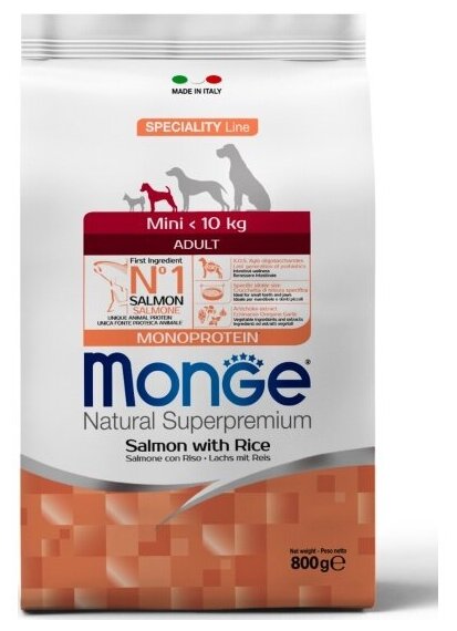 Корм Monge Speciality Line Mini Adult для взрослых собак мелких пород с лососем и рисом 800г