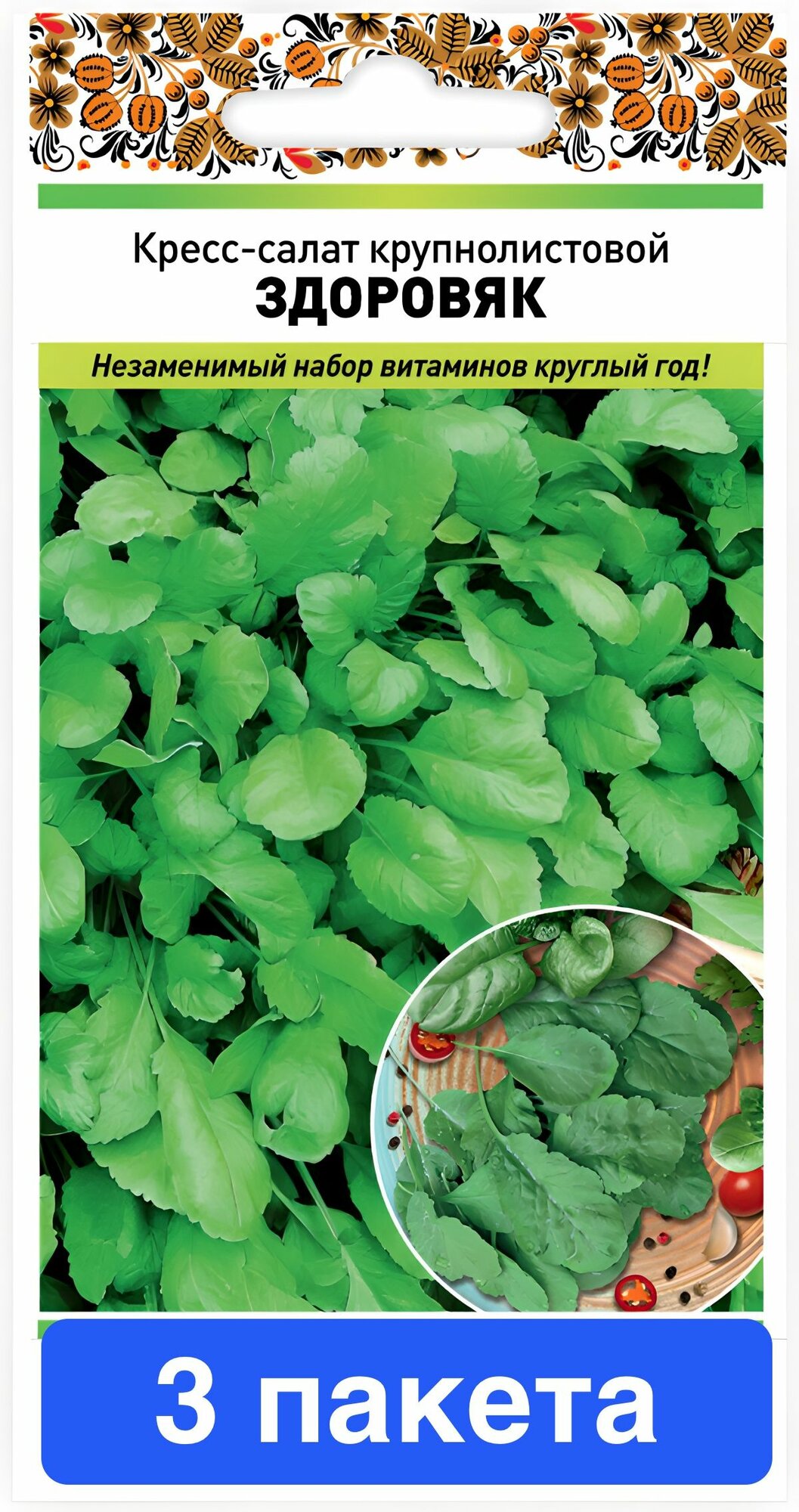 Семена зелени и пряностей Русский Огород "Салат Кресс-салат Здоровяк", 2 гр. 3 пакета