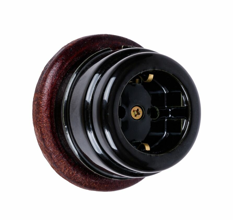 Ретро розетка с/з керамическая черный глянец, подрозетник вишня, с заземлением, накладная черная под винтаж Zion