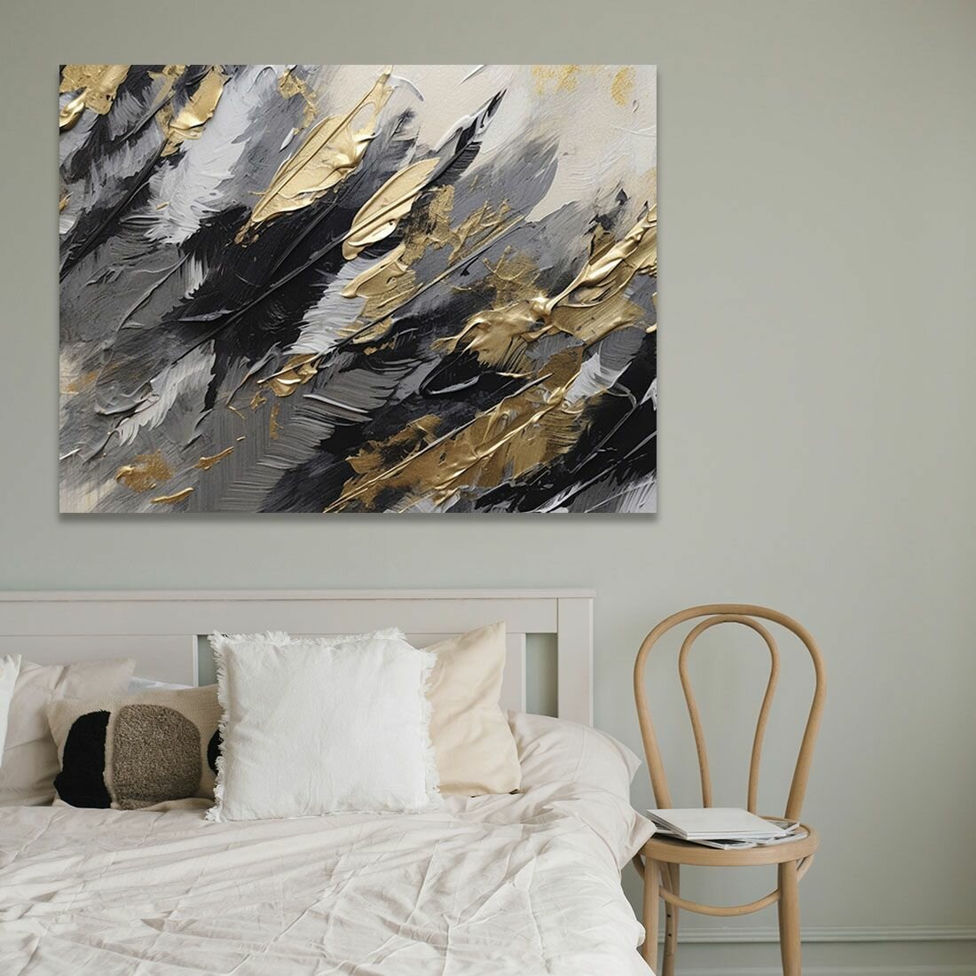 Картины для интерьера 60х80 Абстракция перья масло серый с золотом