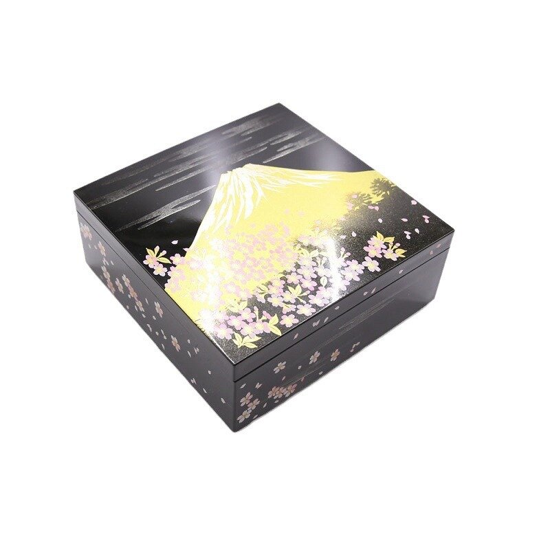Однослойная новая лаковая коробка среднего размера в японском стиле с золотым тиснением, реалистичная коробка для суши с цветами сакуры, бенто-коробка, новогодняя обеденная коробка, десертная коробка, подарочная коробка