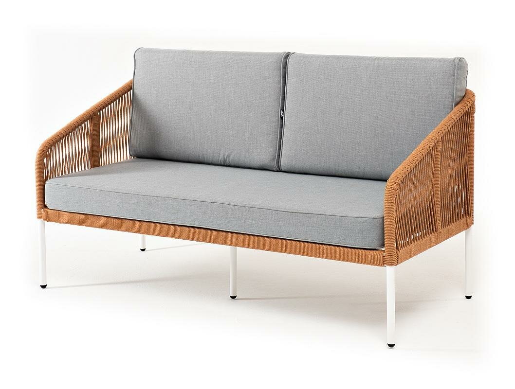 Диван 4SIS "Канны" диван 2-местный плетеный из роупа, каркас алюминий светло-серый (RAL7035) муар, роуп оранжевый меланж круглый, ткань светло-серая арт. KAN-S-2-001 RAL7035 Mua mel-orange(H-gray)