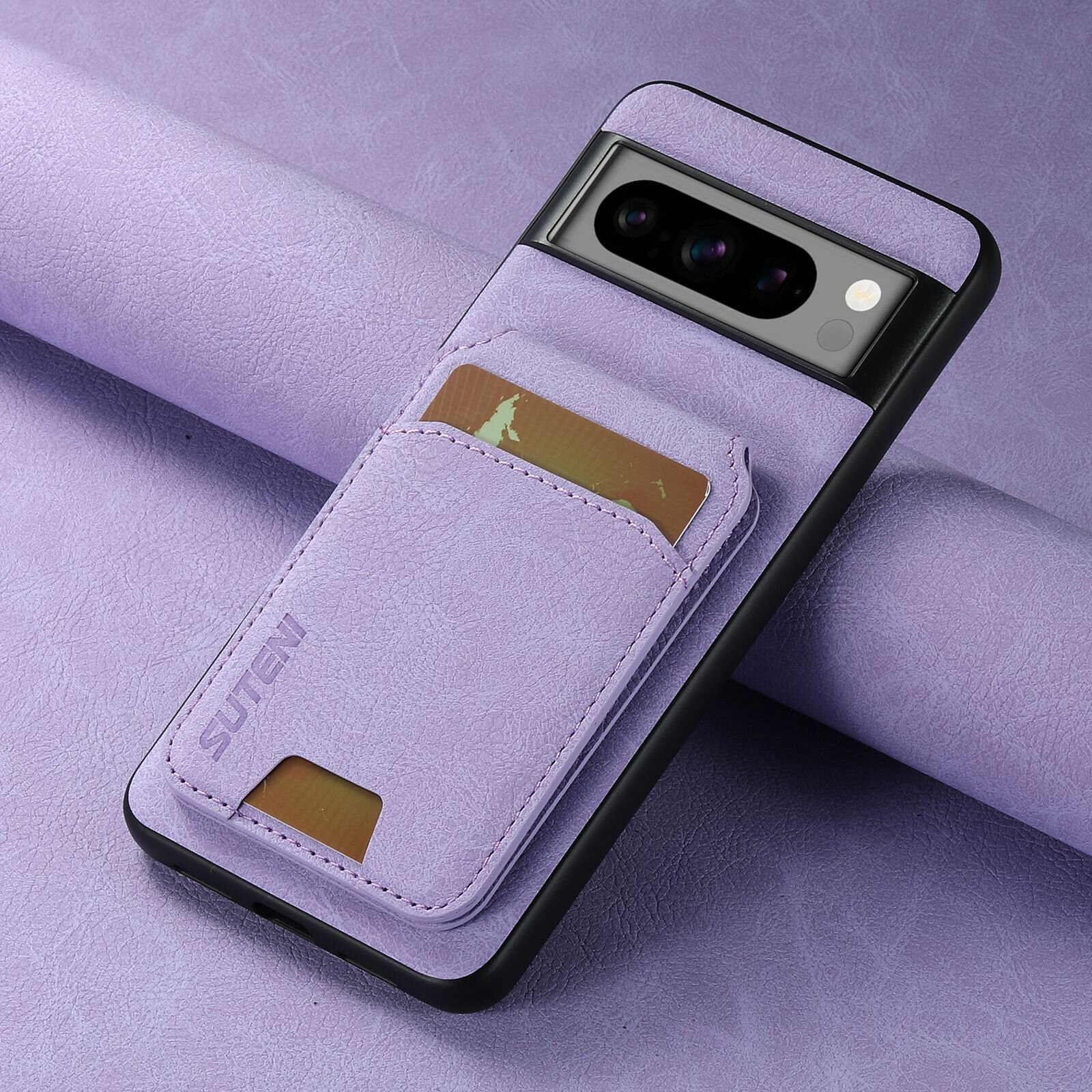 Чехол SUTENI 555, для Google Pixel 9/9 Pro, PU+TPU, личи фиолетовый