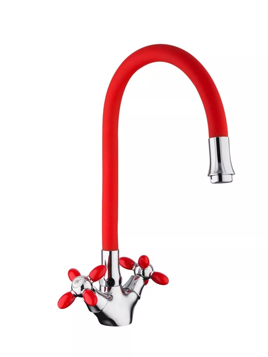 Смеситель для кухни Frud R44127-10, гибким изливом, красный, хром