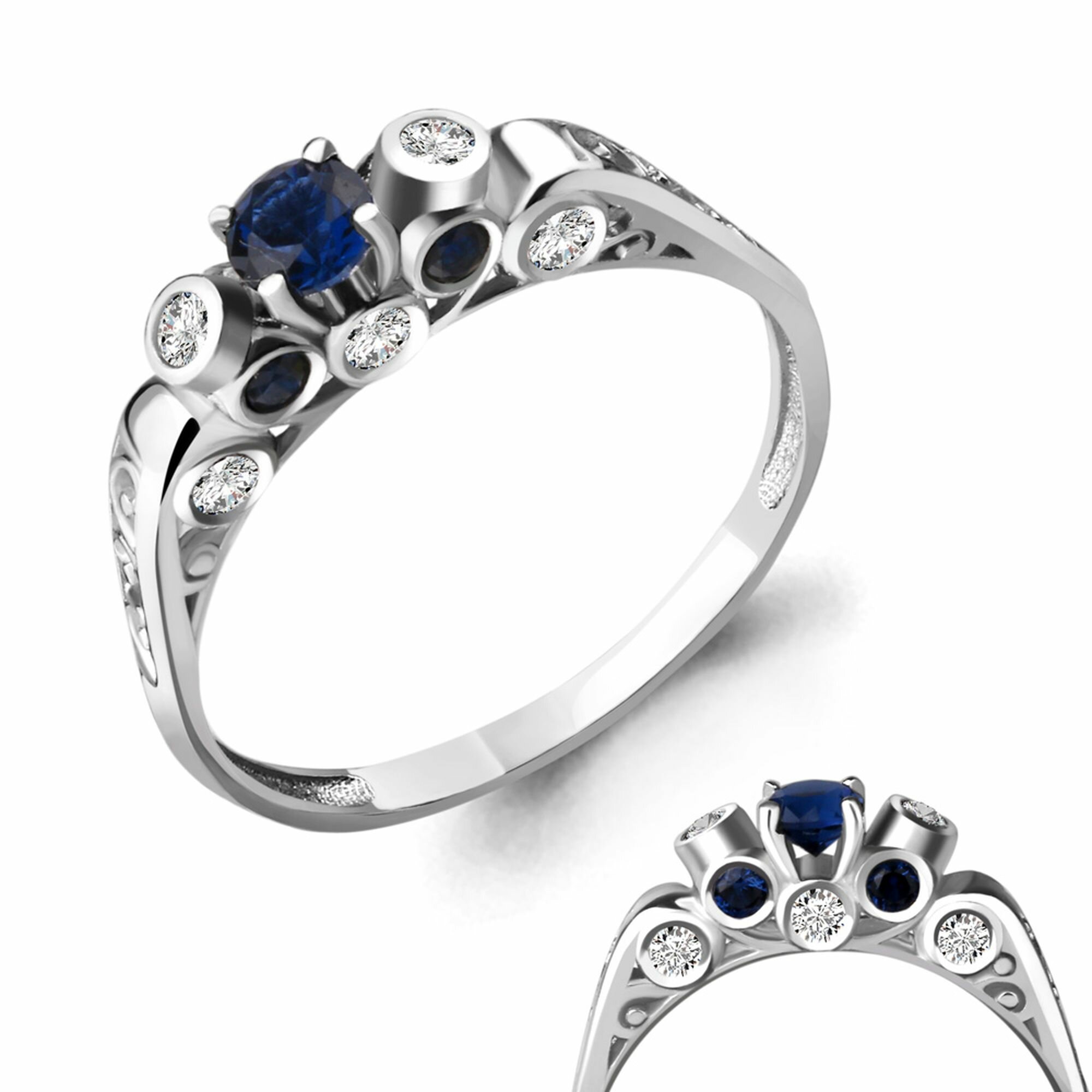 Кольцо, серебро, 925 проба, родирование, сапфир синтетический, фианит