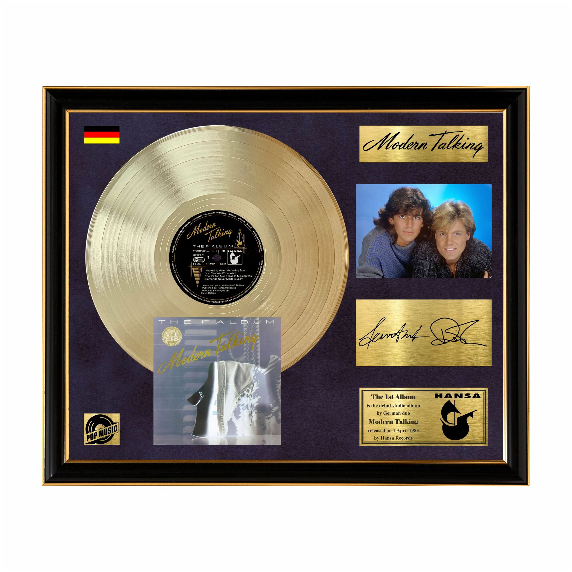 Золотой винил Modern Talking 1st album с автографами Томаса Андерса и Дитера Болена в рамке