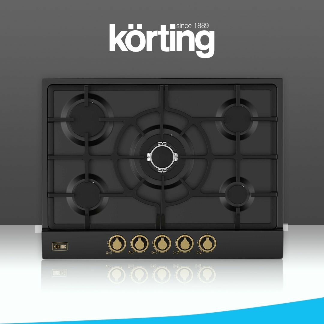 Газовая варочная панель Korting HG 761 CTGN ширина 70 см, 5 конфорок, WOK, электроподжиг, матовый черный