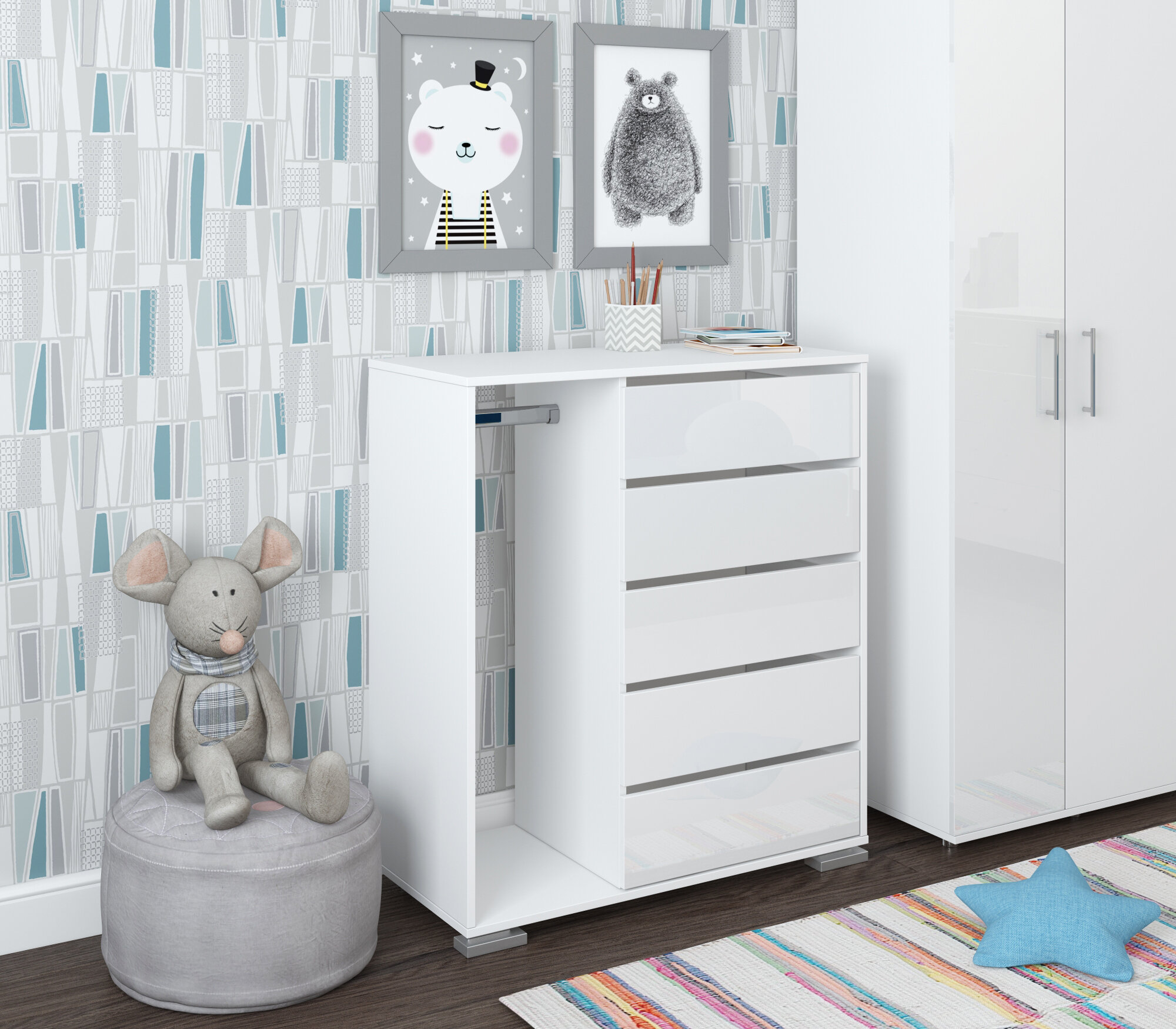 Шкаф, комод, шкаф-комод с ящиками, со штангой Есэндвич Лаворо, 90x43х102 см, правый (Белый/Белый глянец)