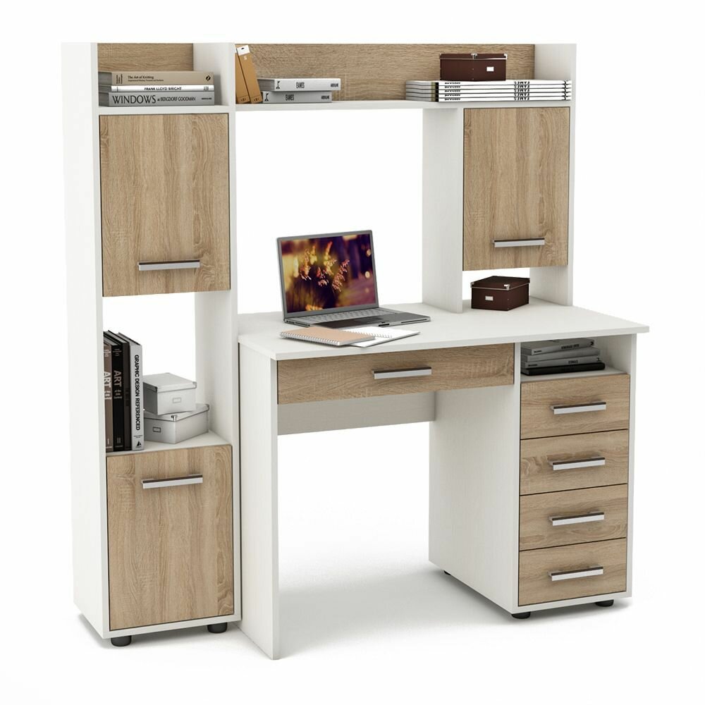 Стол письменный, компьютерный и стеллаж Остин (Ливерпуль) 11Я белое дерево/дуб сонома