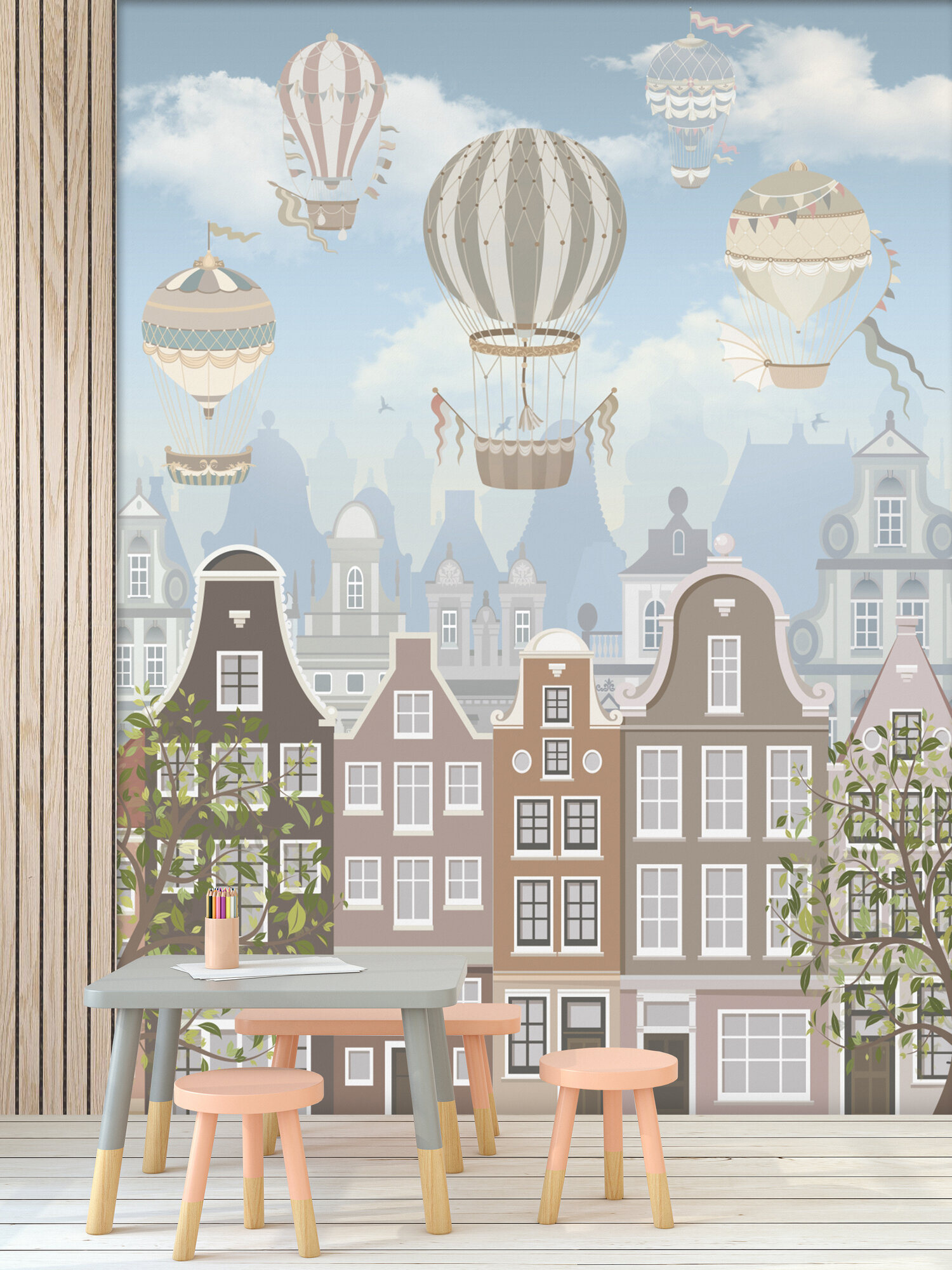 Фотообои детские 200 х 270 см "Город, воздушные шары" /в детскую комнату, для девочки, мальчика