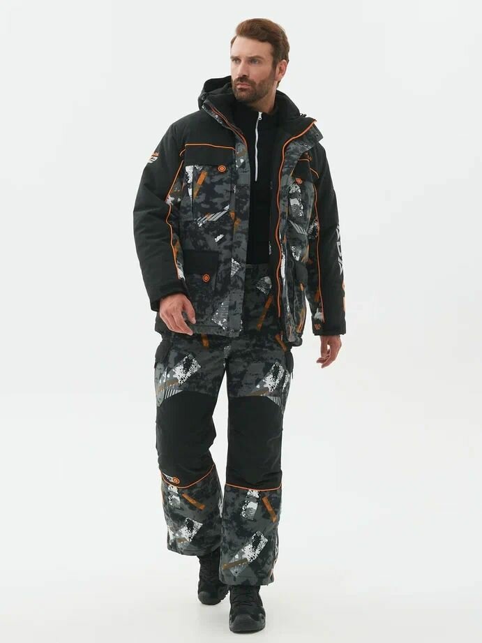 Костюм тактический мужской зимний на флисе Huntsman Канада V-2 КМФ (192)/Черный рыболовный, для охоты, зимней рыбалки непромокаемый, ветровлагозащитный, ткань Исландия (р.60-62/182-188)