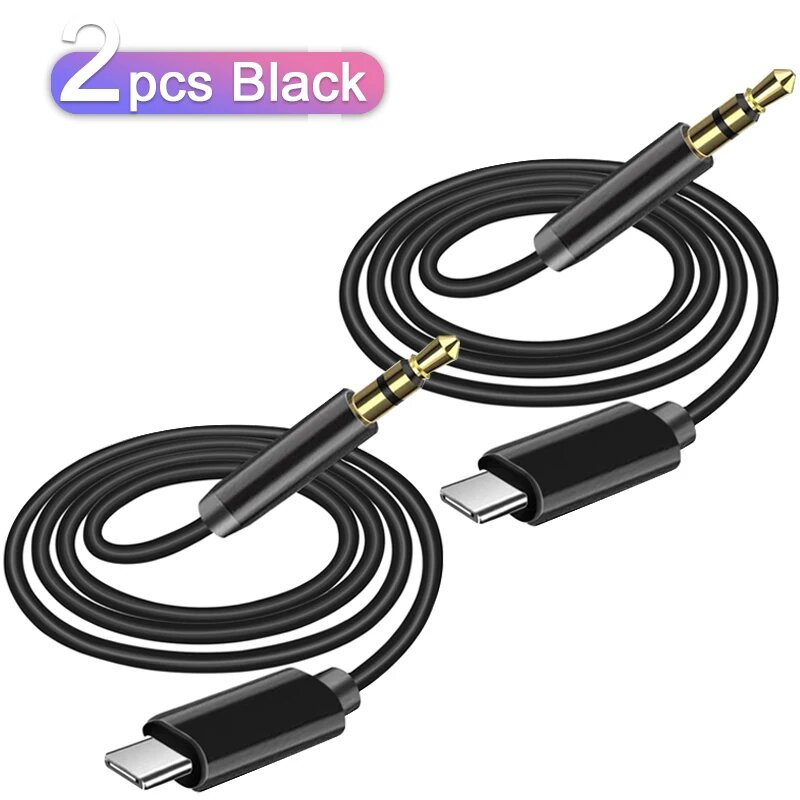 USB C к разъему 3,5 мм Aux Аудиокабель Автомобильный динамик Наушники Аудиокабель для iPhone 15 Samsung Type C на 3 5 Jack Аудиоконвертер 2 PCS Black