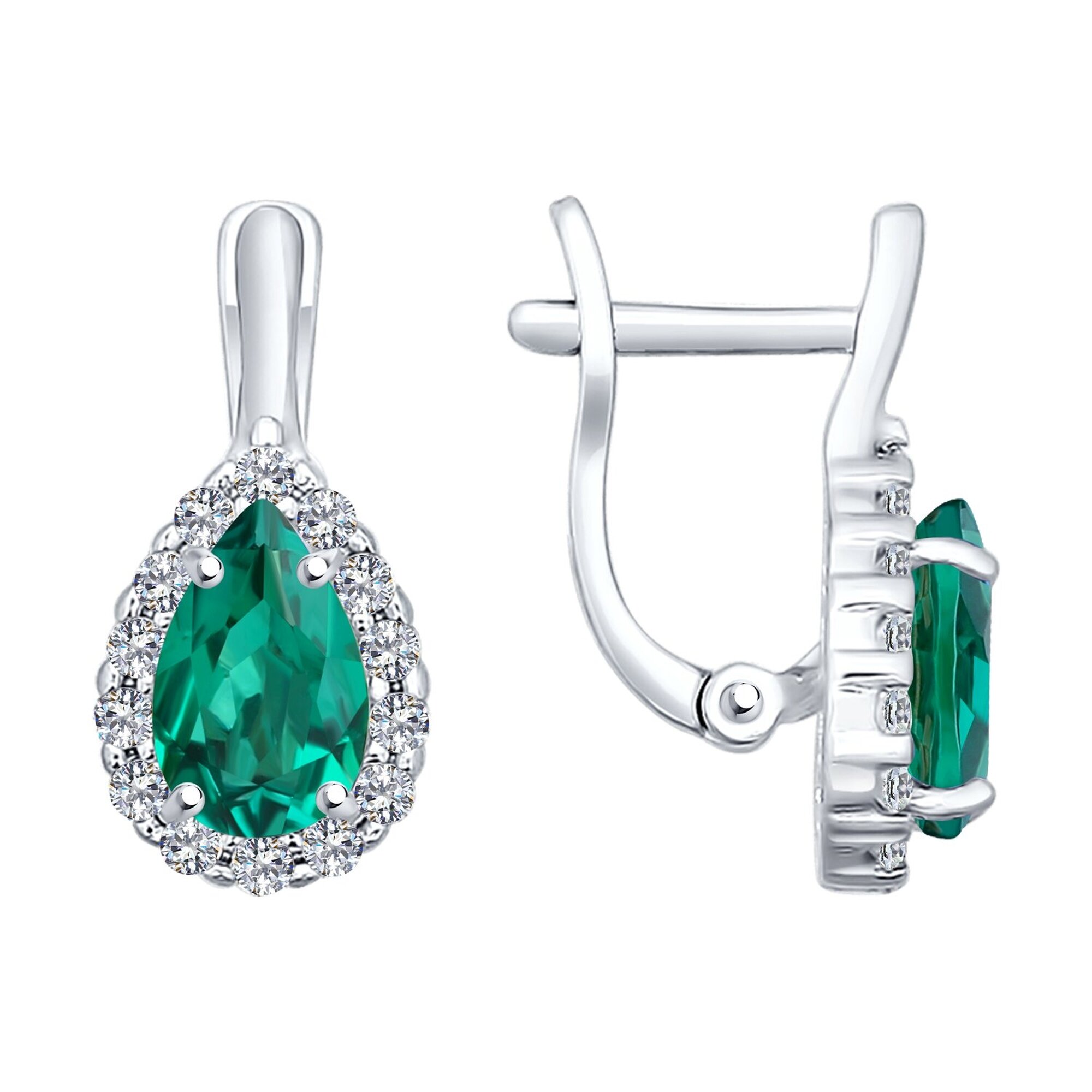 Серьги, серебро, 925 проба, родирование, изумруд синтетический, фианит