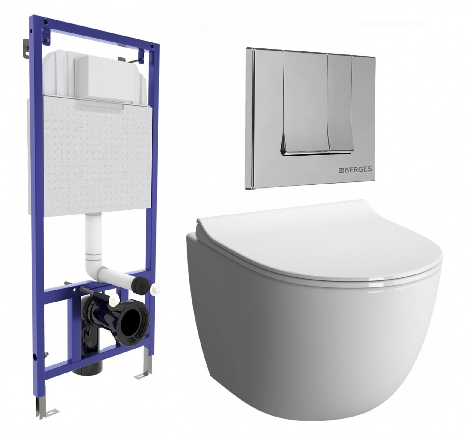 Комплект 3 в 1 инсталляция Berges Wasserhaus Novum 040243 + Унитаз подвесной VitrA Sento 7748В003-0075 + кнопка хром