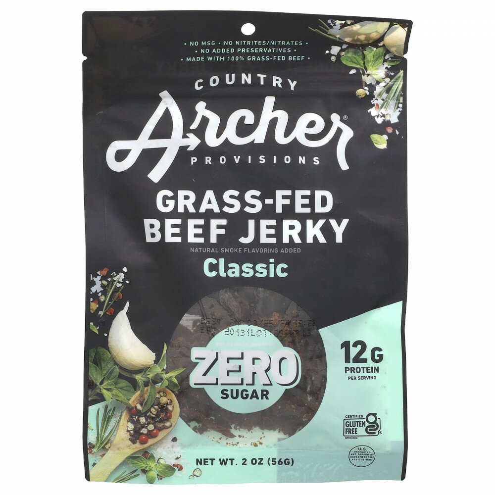 Country Archer Jerky, вяленая говядина от коров травяного откорма, классическая, 56 г (2 унции)