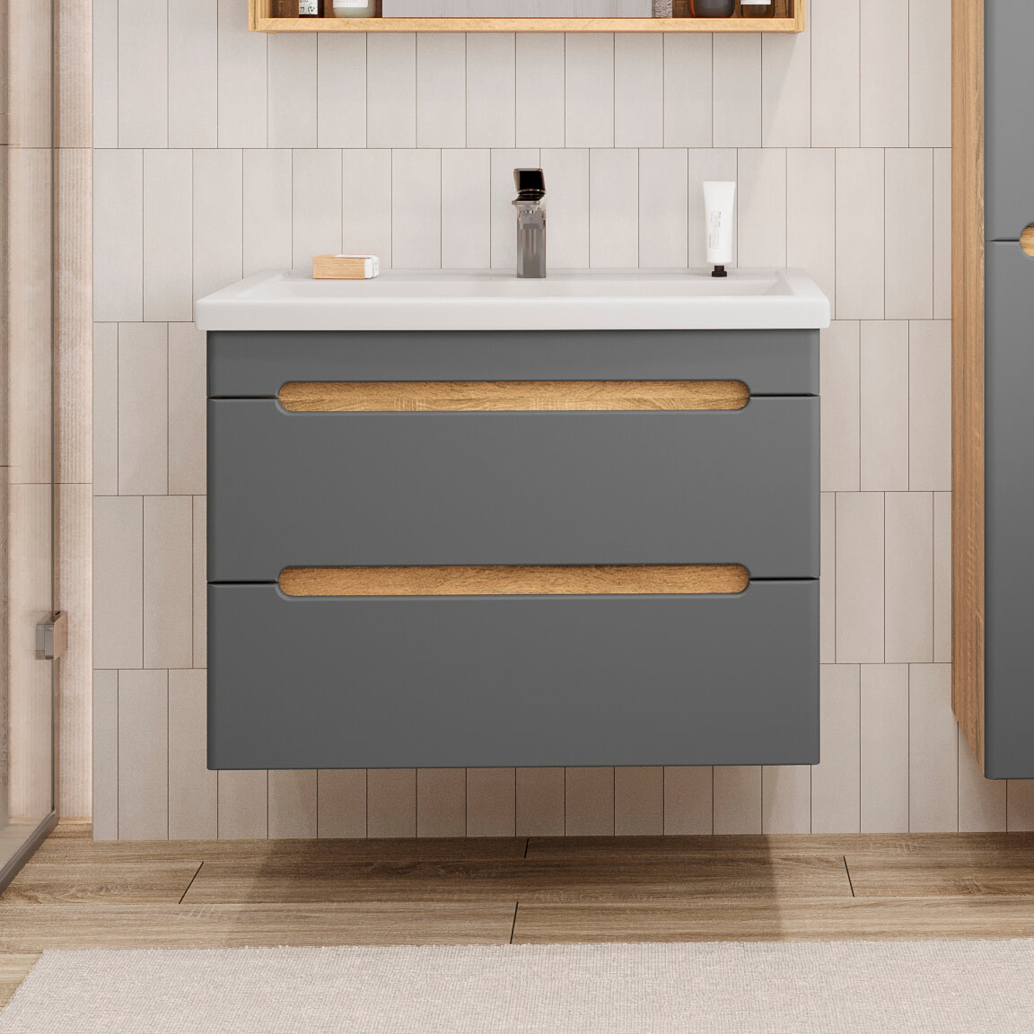 Тумба подвесная SanStar Diva 70 с раковиной Фостер 70 (комплект) для ванной комнаты, дуб вотан, графит софт