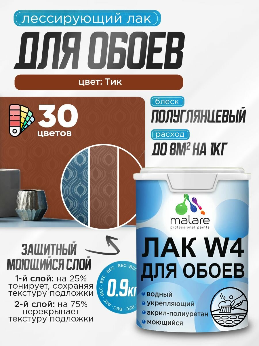 Лак колерованный тонирующий для защиты обоев Malare W4 универсальный для дерева и минеральных поверхностей, водный без запаха быстросохнущий, полуглянцевый, тик, 0.9 кг.