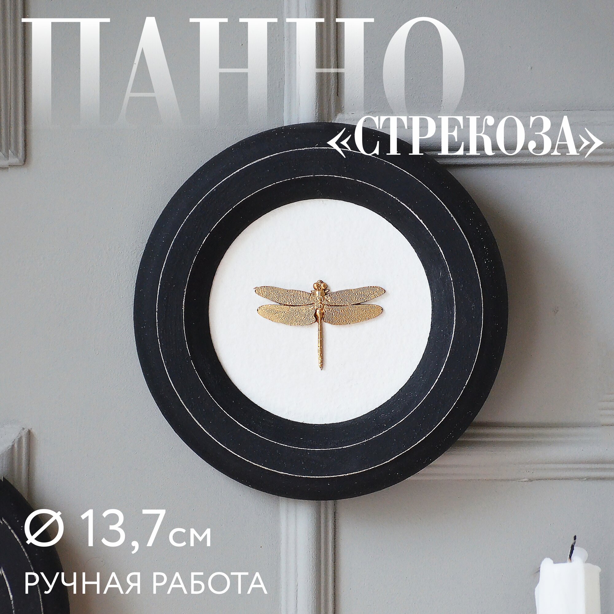 Круглое панно "стрекоза № 2" в черной глубокой раме из МДФ 14 см