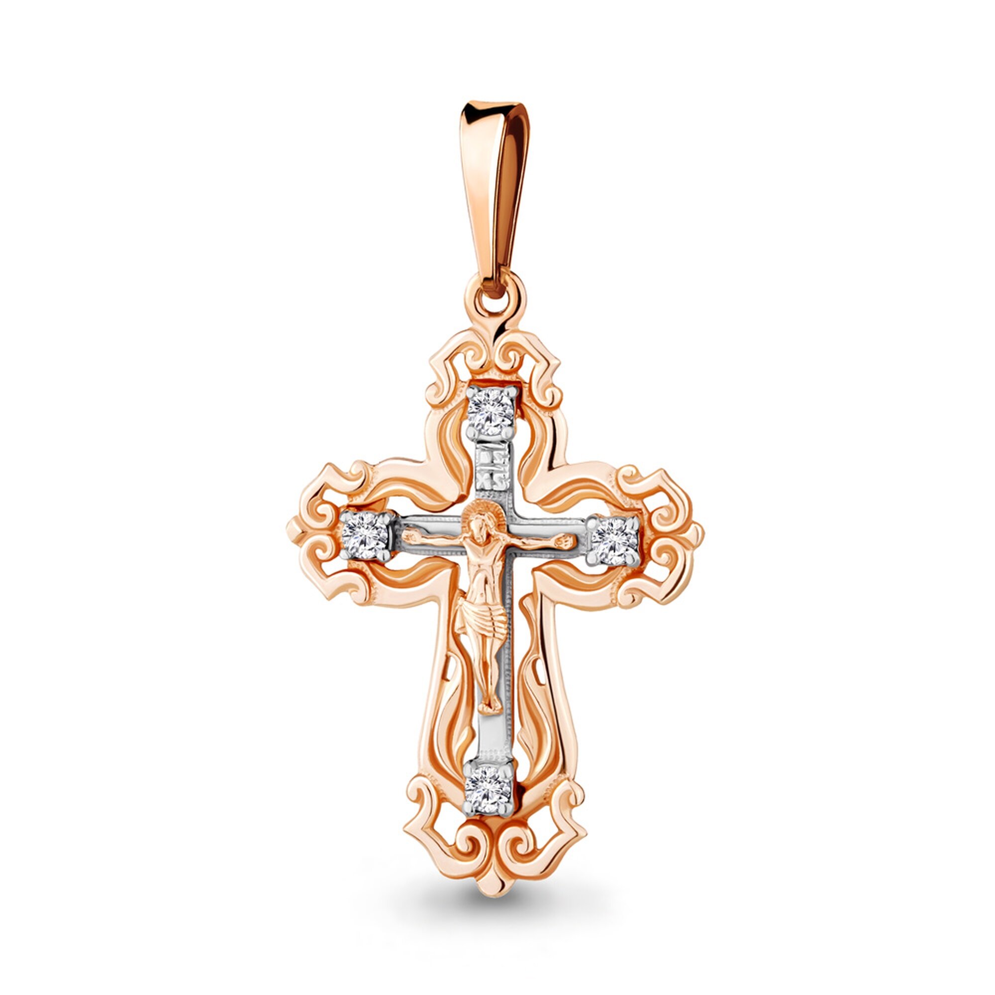 Крестик, красное золото, 585 проба, фианит