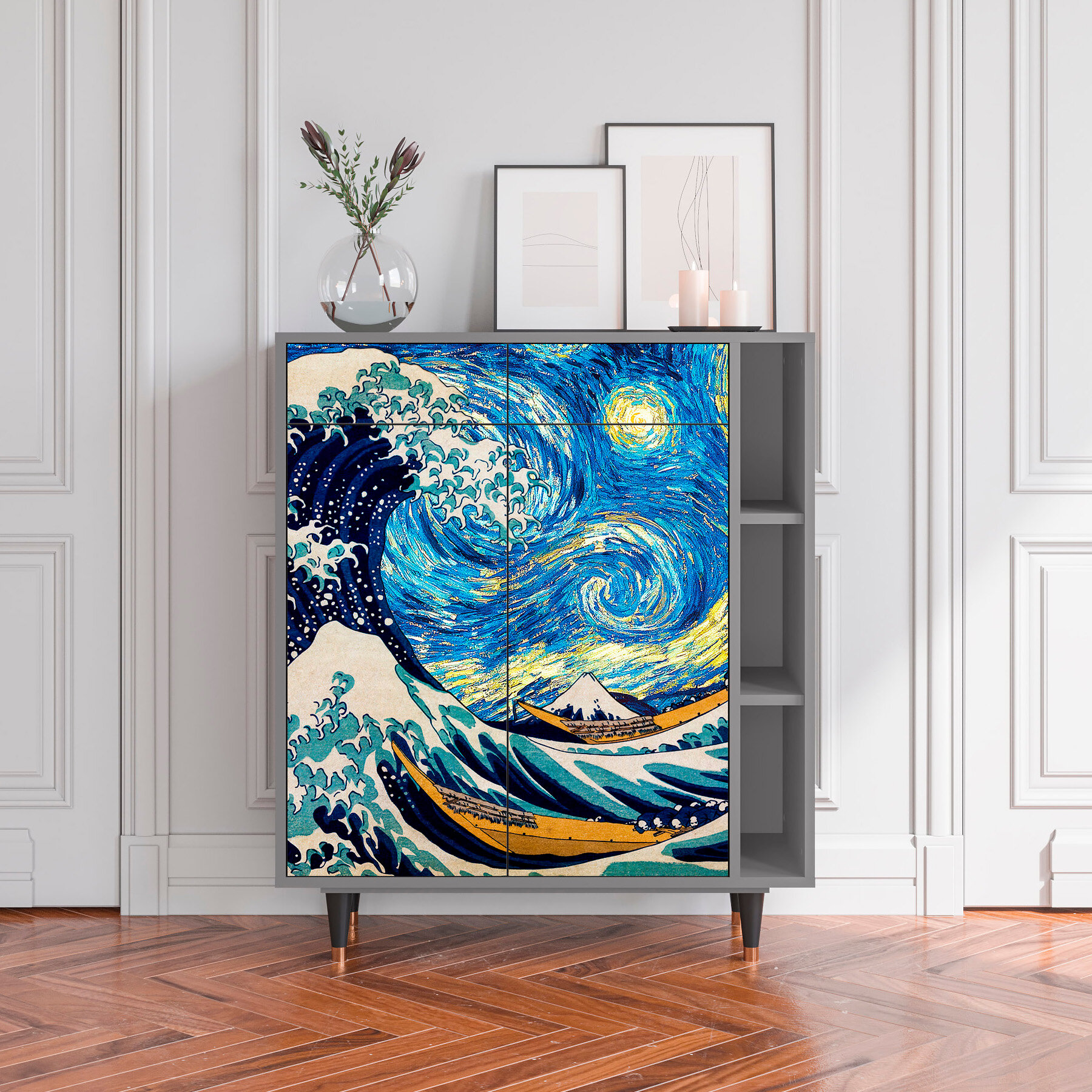 Комод - STORYZ - BS6 The Great Wave off Kanagawa by Hokusai, Размер - 94 x 110 x 41 см, Цвет корпуса - , Серый