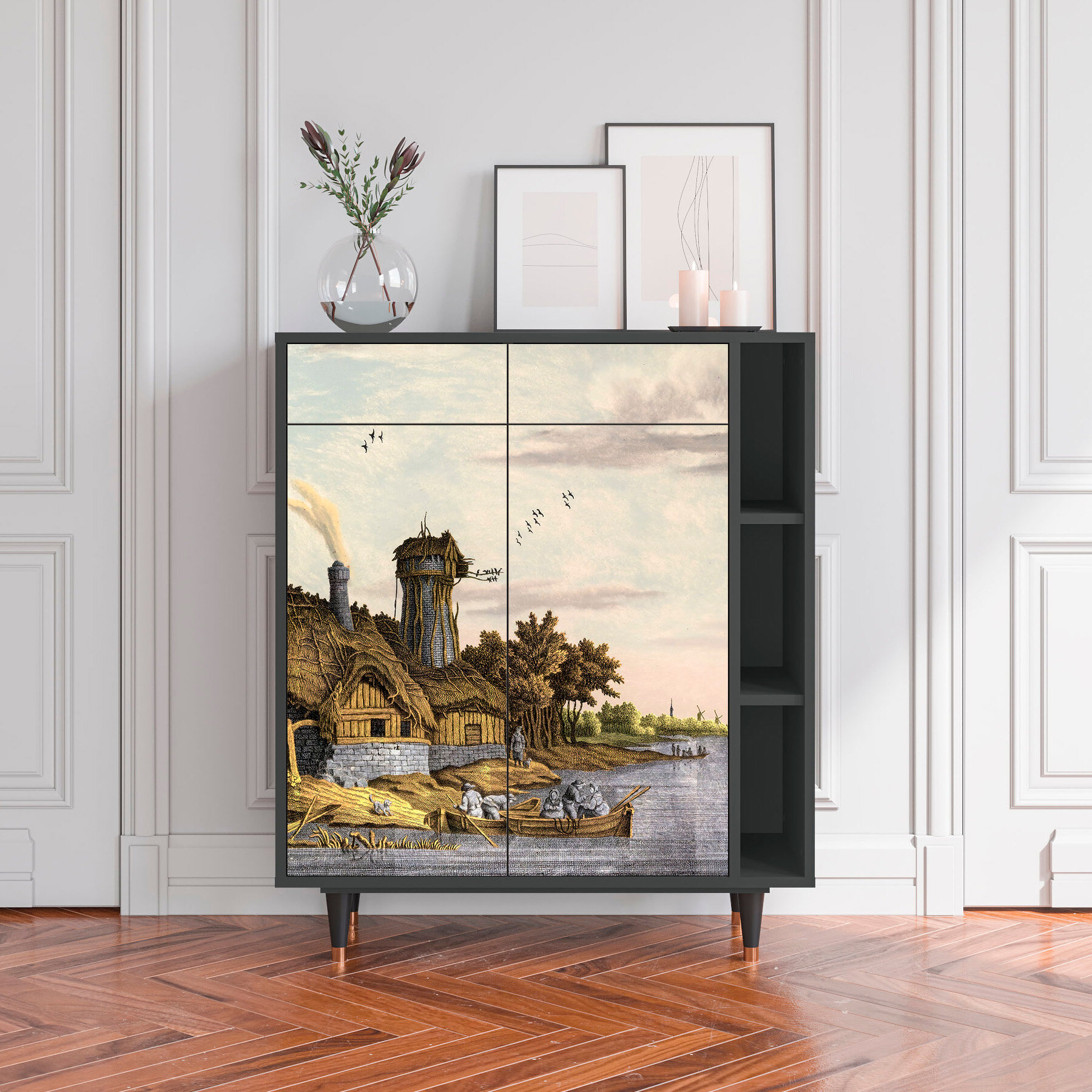 Комод - STORYZ - BS6 Mill along a River by Jonas Zeuner, Размер - 94 x 110 x 41 см, Цвет корпуса - , Антрацит