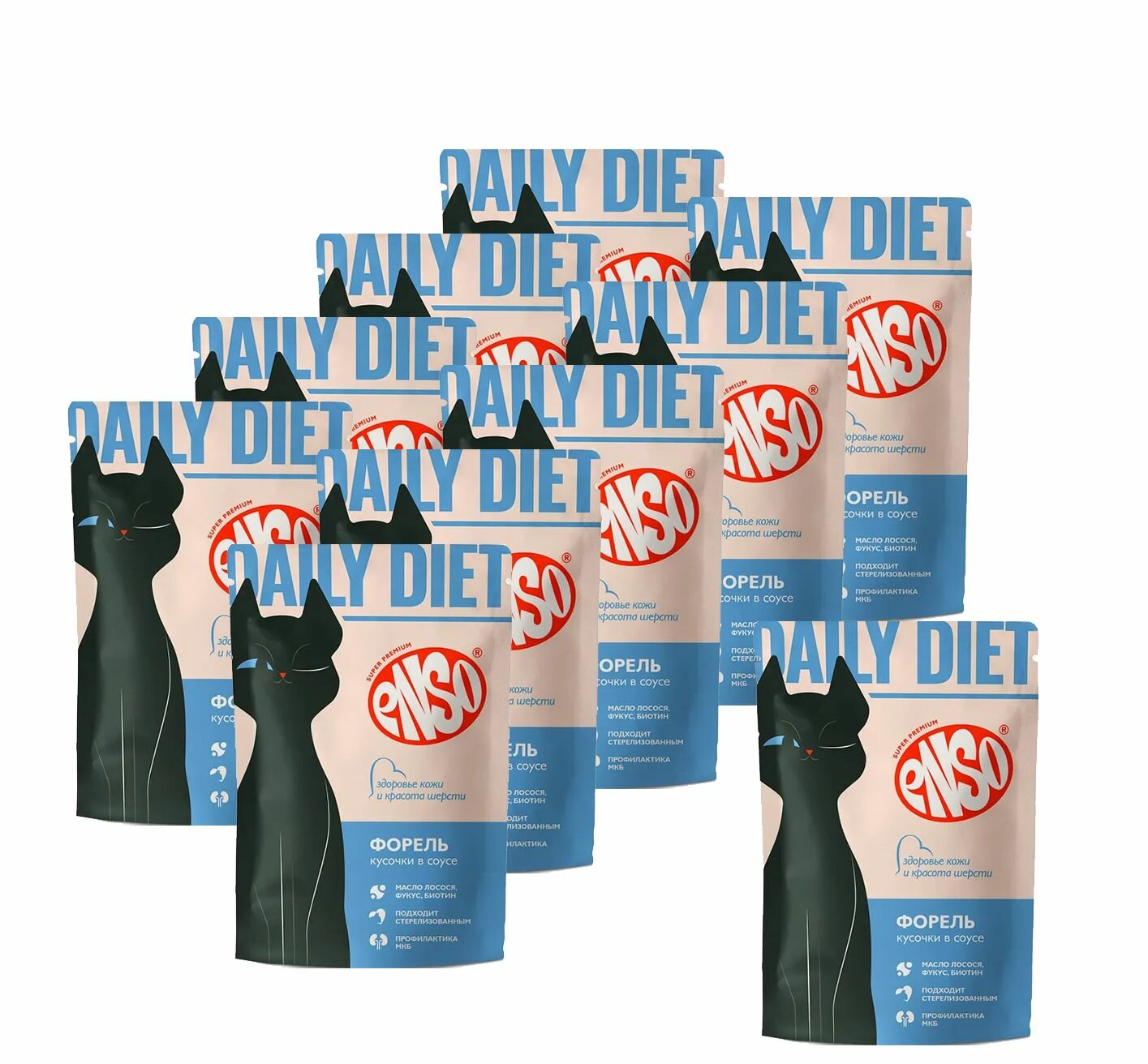 ENSO DAILY DIET Корм влажный полнорационный профилактический для взрослых кошек, поддержание здоровья кожи и красоты шерсти, кусочки в соусе с форелью, пауч 85г x 10 шт.