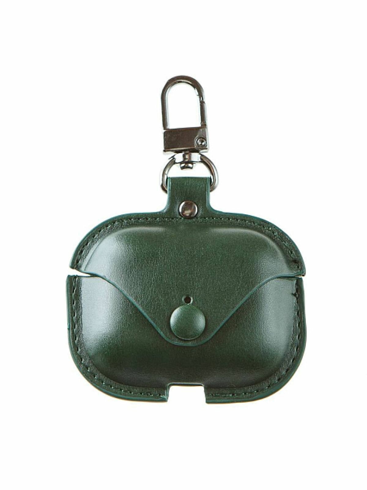 Чехол для наушников AirPods Pro ( на Аирподс Про ) на кнопке с карабином, эко кожа, темно-зеленый
