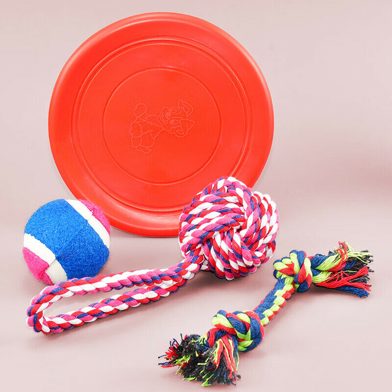 Hanhan Playground Pet Dog Toy Interactive Cotton Rope, Durable Chew Frisbee, Training Dental Cleaning Double-Knot Cotton Ball, Teeth Grinding Interactive Set 4