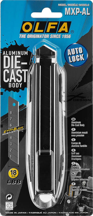 Нож строительный (канцелярский) OLFA 18 мм, сегментированное лезвие, AUTOLOCK фиксатор, цельная алюминиевая рукоятка, X-design