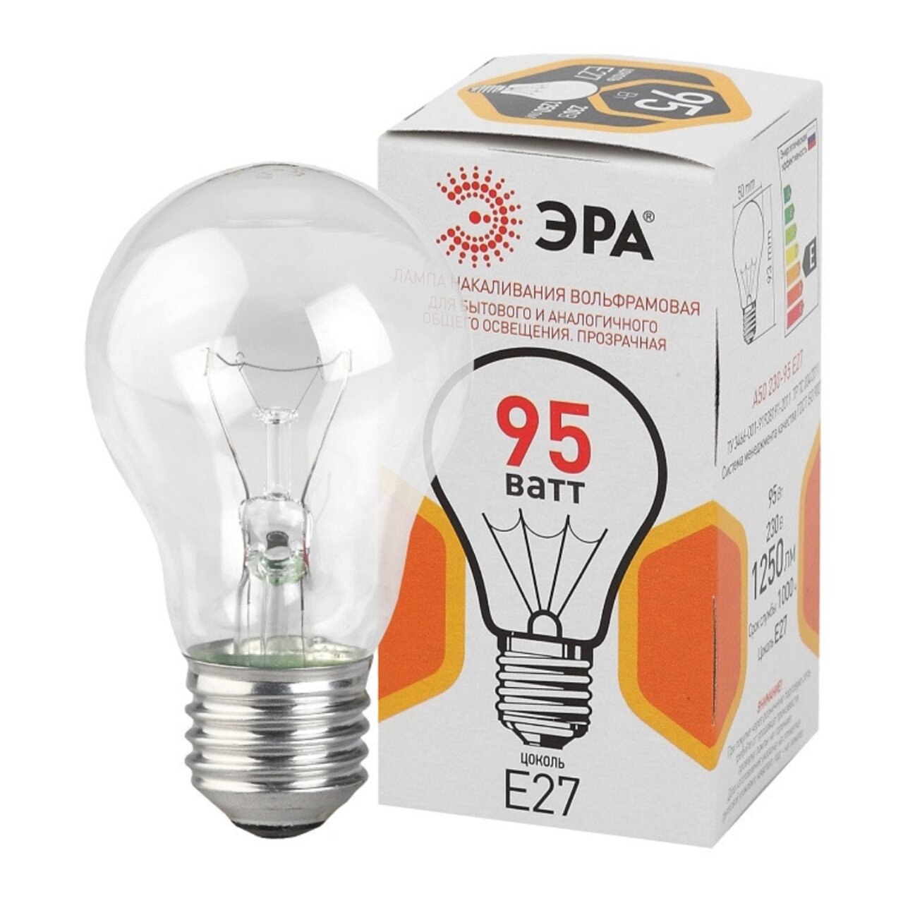 Лампа накаливания ЭРА 95 Вт Е27 230 В грушевидная форма для бытовых светильников