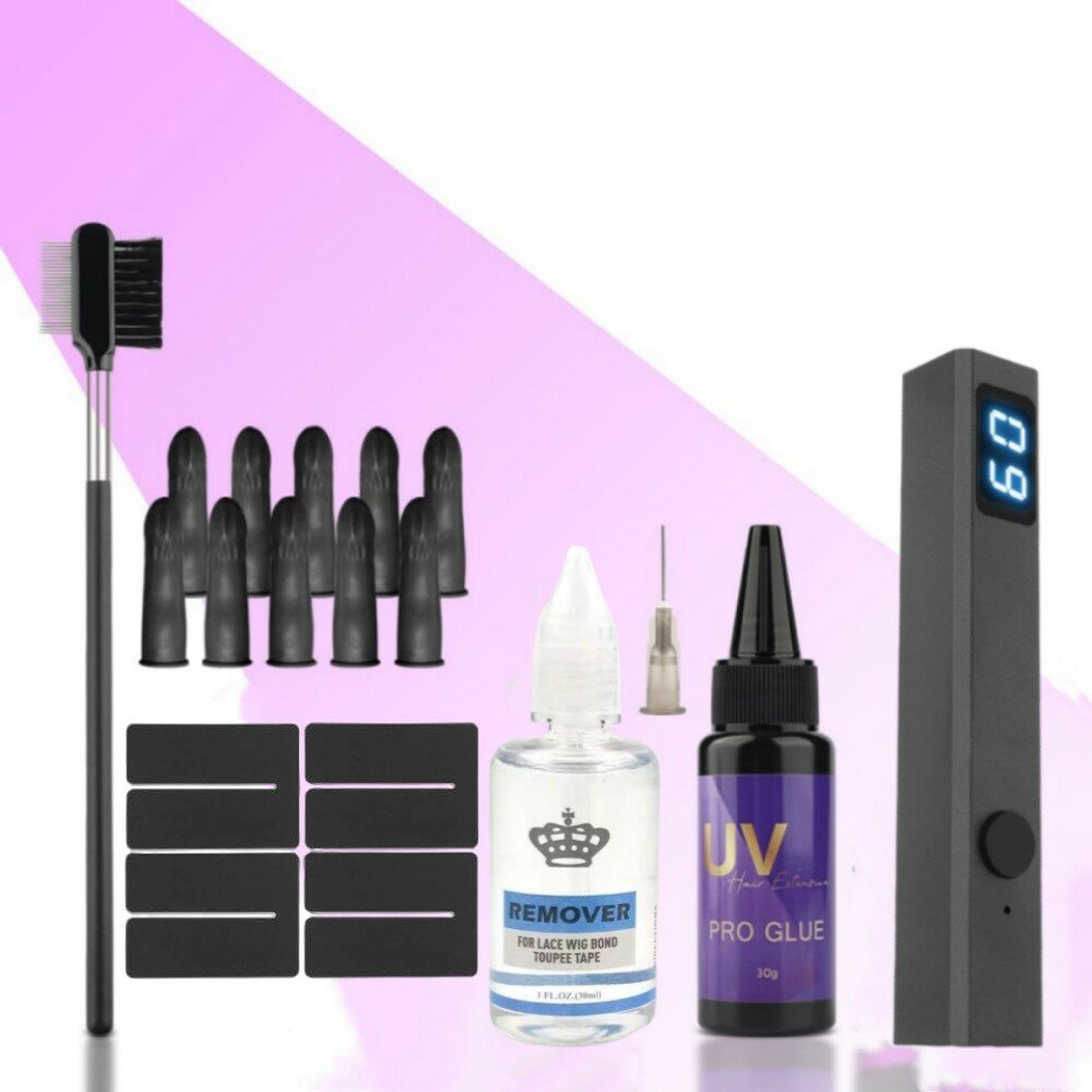 Набор для UV-наращивания волос | 30г UV-клей + UV-лампа + 30мл средство для снятия | Быстрое отверждение | Долговечный результат для дома и салонов