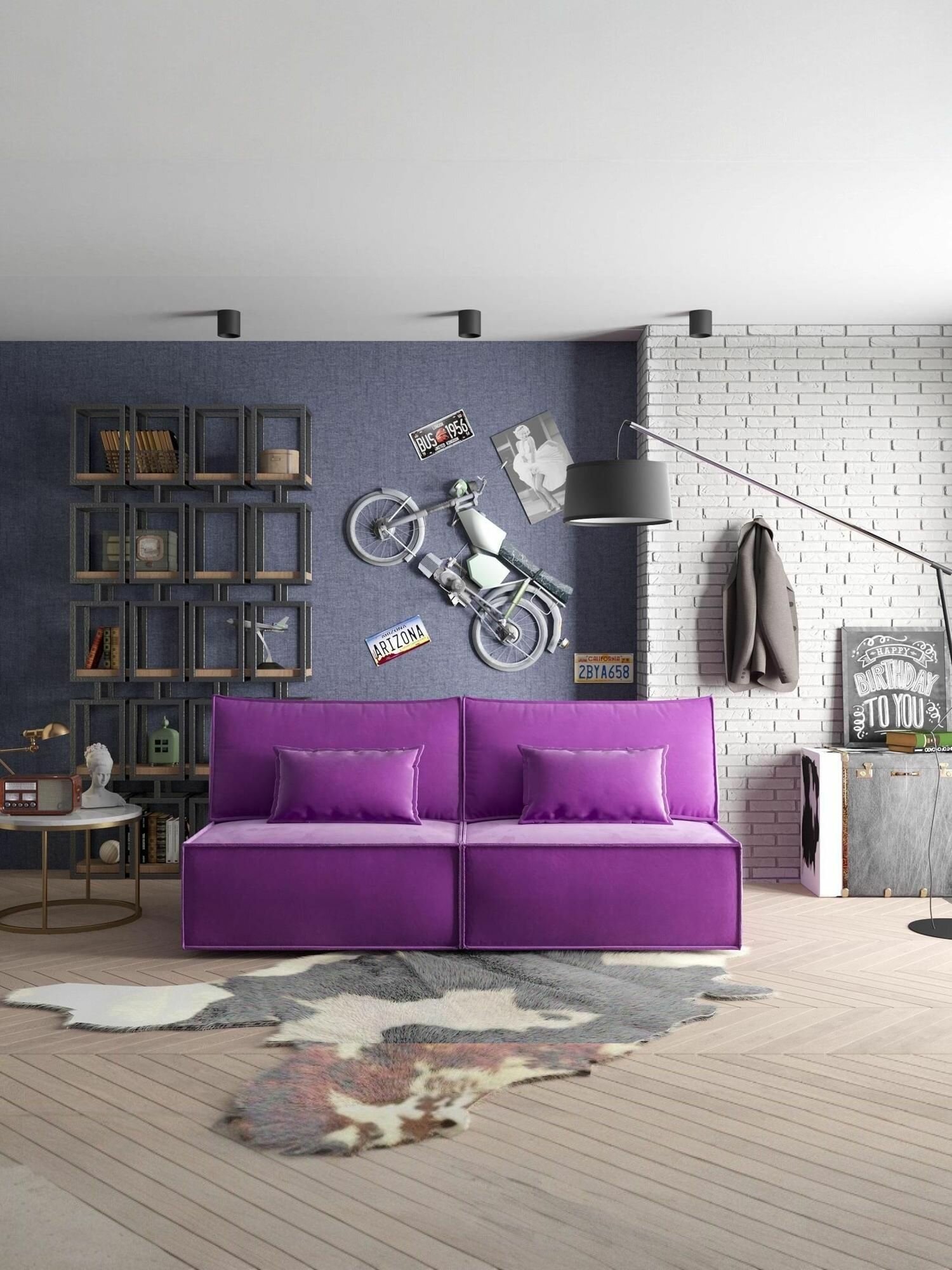 Прямой диван Manons Maison Hygge Short, раскладной механизм Еврокнижка (Тик-так), Велюр фиолетовый, 200х100х86 см