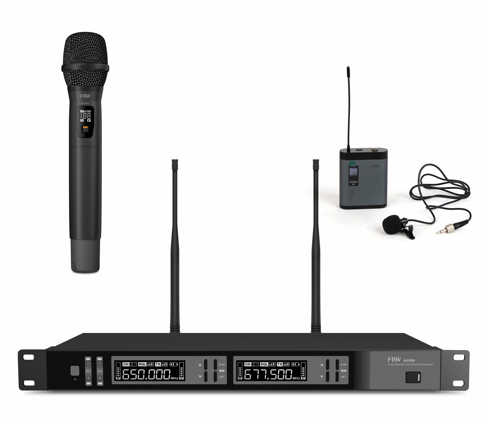 FBW A2D-MIX1 радиосистема комплект из диверситивного приёмника A220R с ручным передатчиком A101HT и портативным A100BT с петличным микрофоном 3,5мм Jack, 512-562МГц, FM-модуляция, 50Гц-15кГц