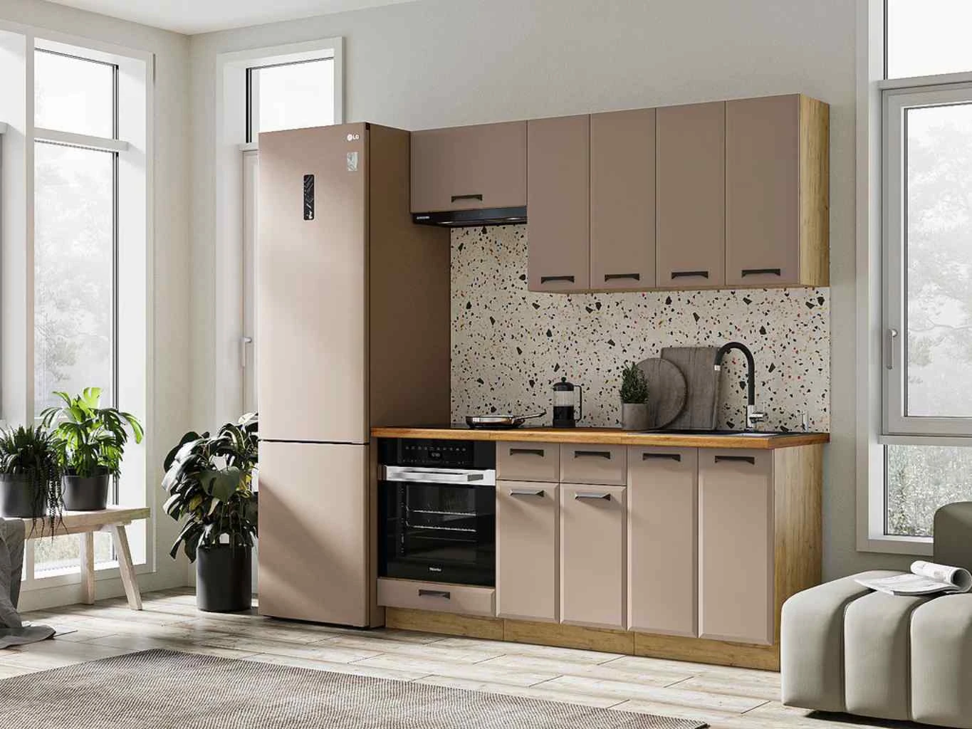 Кухонный гарнитур Призма 180х216х60 см, цвет дуб крафт золото/мокко суперматовый/дуб вотан