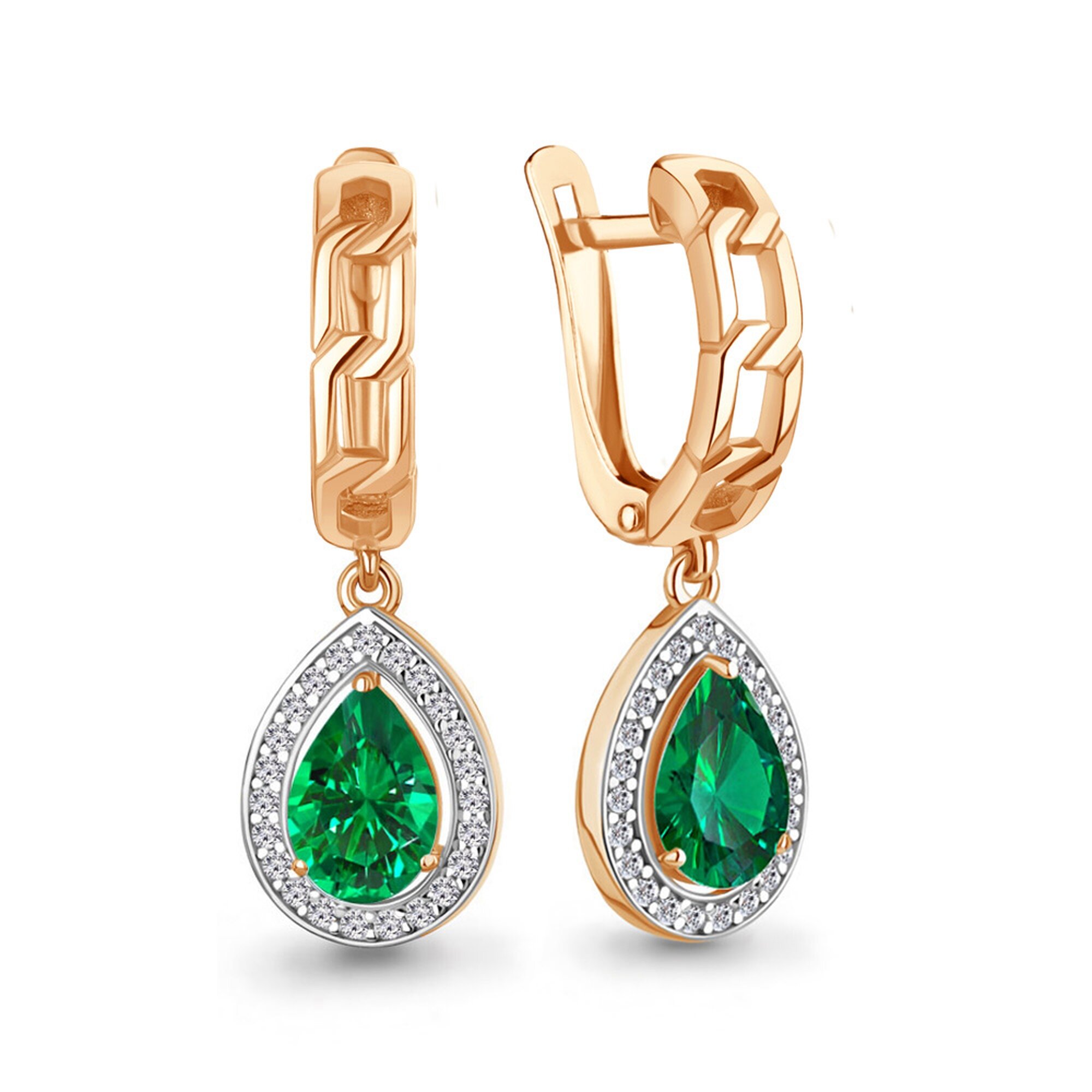 Серьги, серебро, 925 проба, золочение, изумруд синтетический, фианит