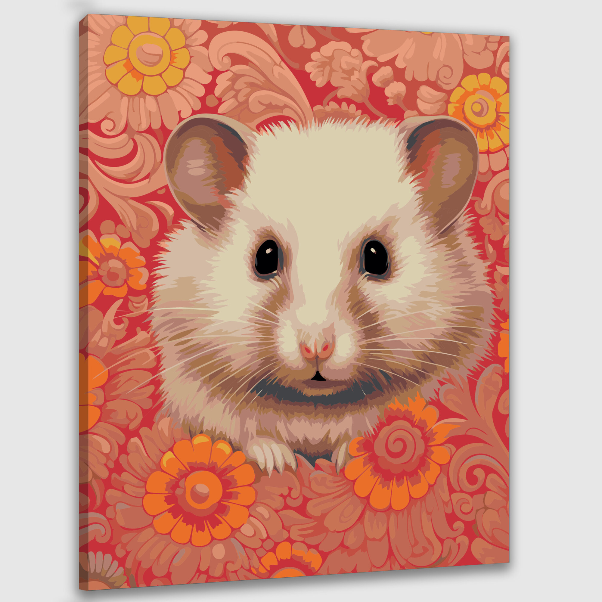 Картина по номерам 40x50 см, хомячок, крупный план, мех, золотистый цвет, черно-белые узоры, розовый носик