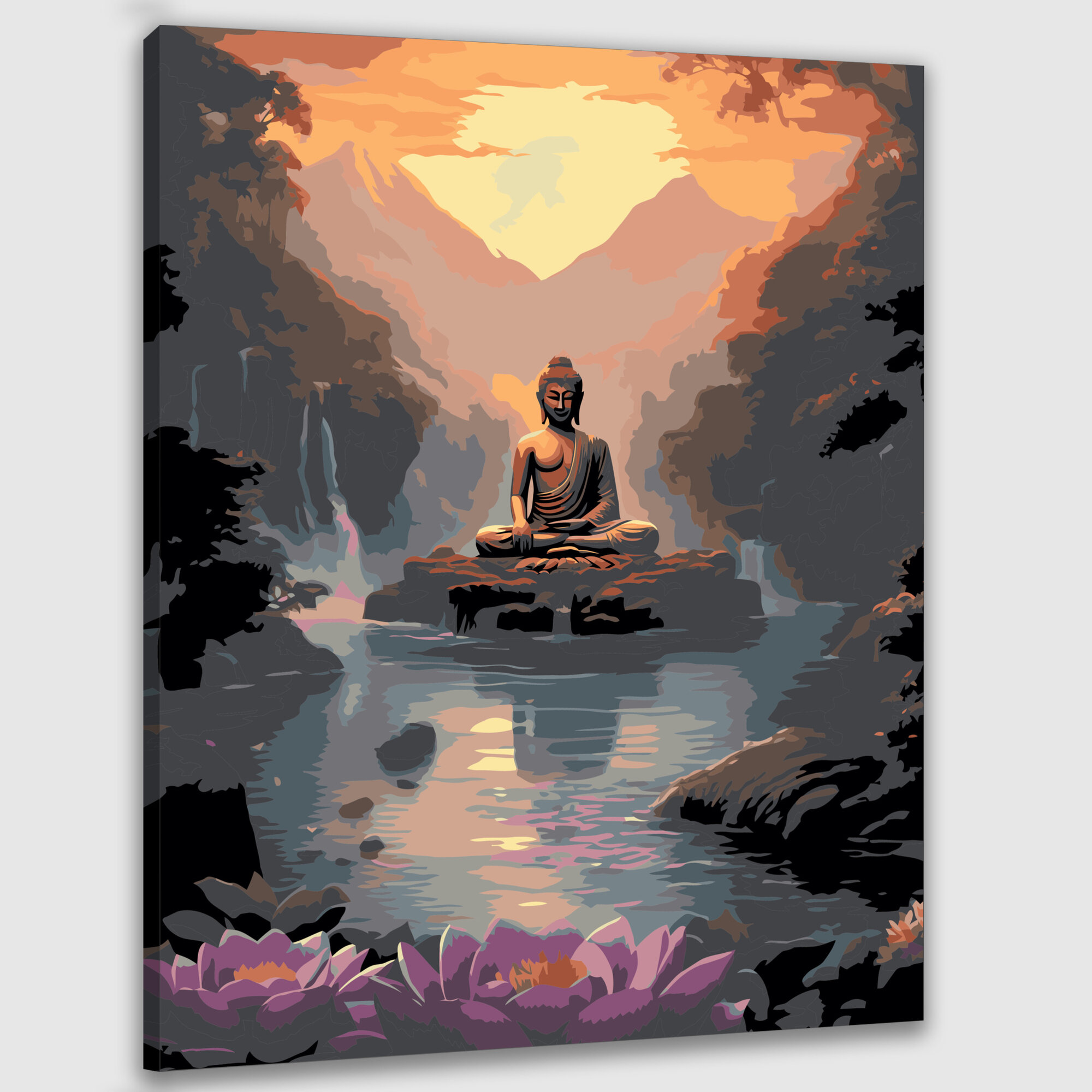 Картина по номерам 40x50 см, цифровое произведение иск, статуя Будды, сад, цветы, вода, спокойствие, просветление