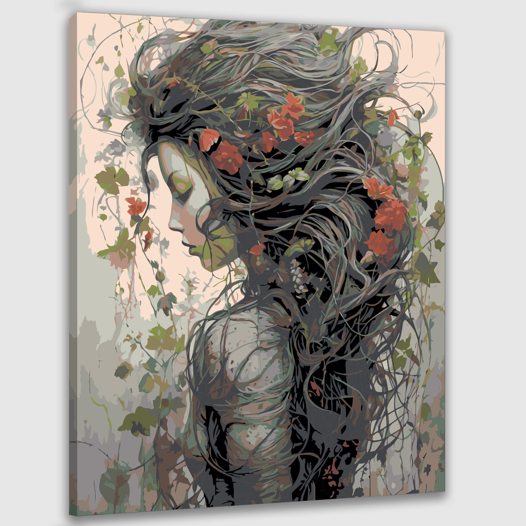 Картина по номерам 40x50 см, картина, смешанная техника, девушка, виноградные лозы, цветы, волосы, фигура