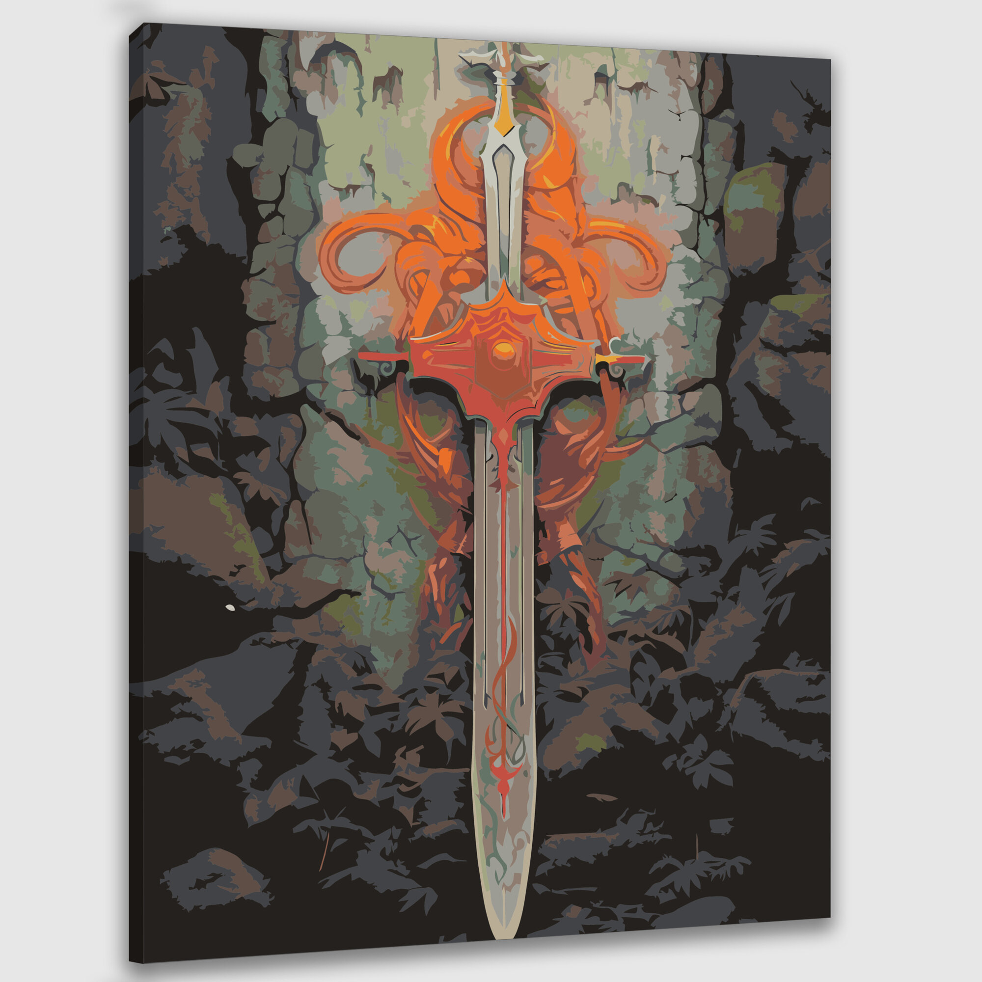 Картина по номерам 40x50 см, фреска, граффити, мифический меч, камень, яркие цвета, замысловатые узоры, сила, потенциал