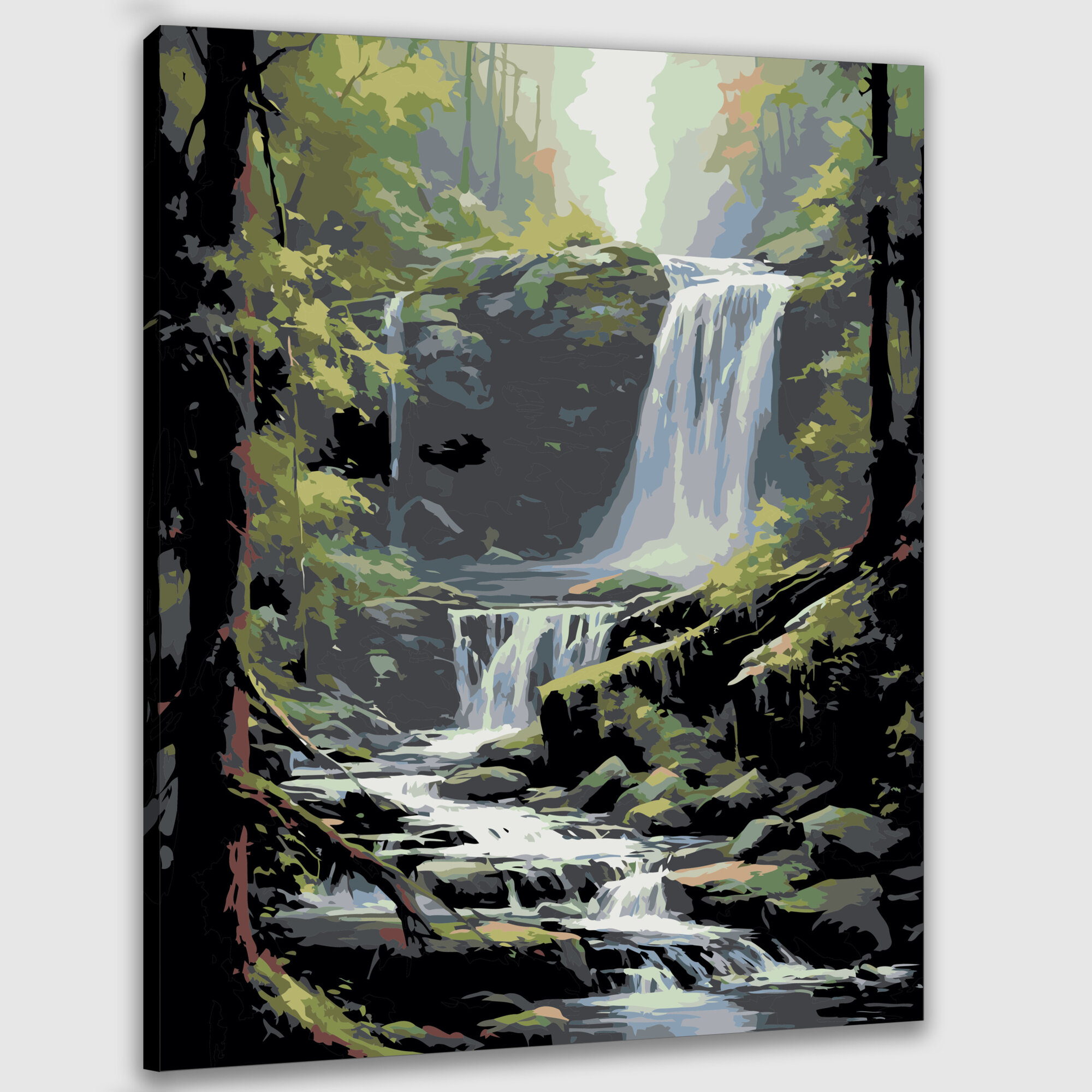 Картина по номерам 40x50 см, картина маслом, величественный водопад, густой лес, каскадная вода, переливающиеся оттенки