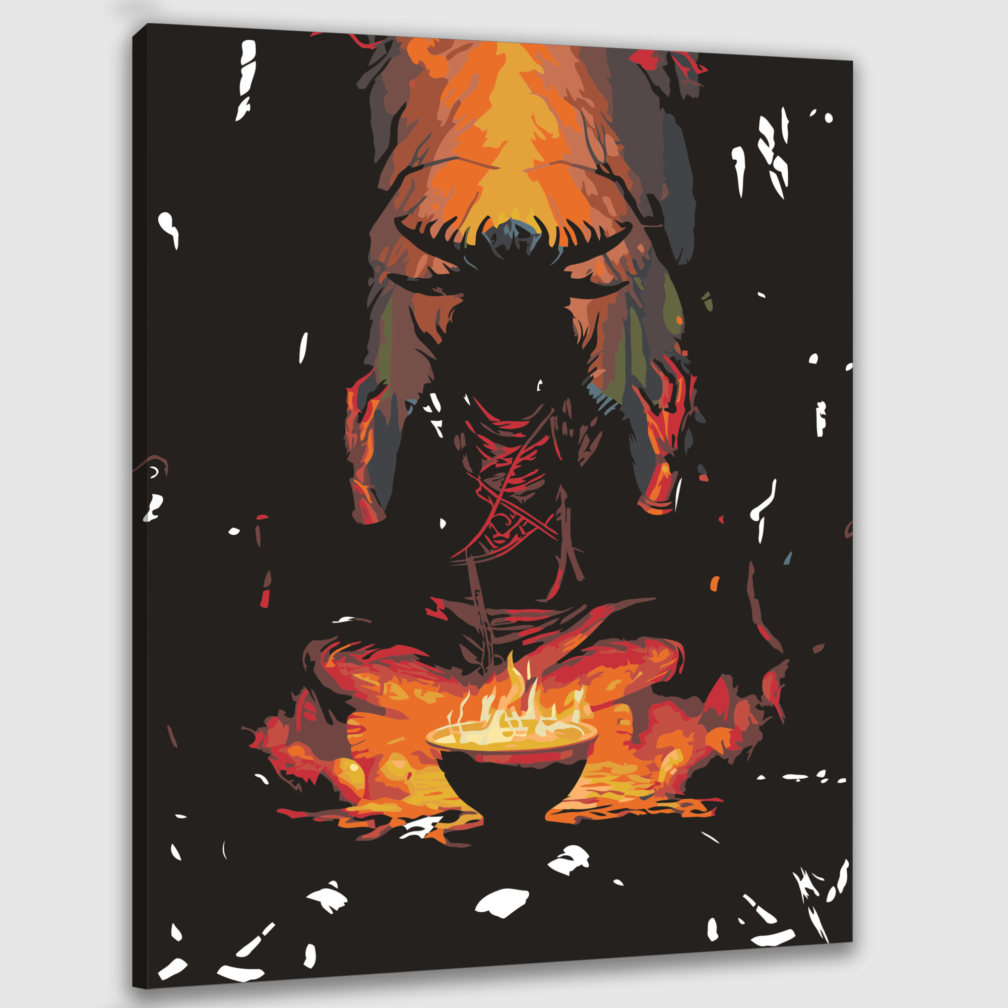 Картина по номерам 40x50 см, шаман, церемониальная песня, мерцающий пламень, костер, тени, лес