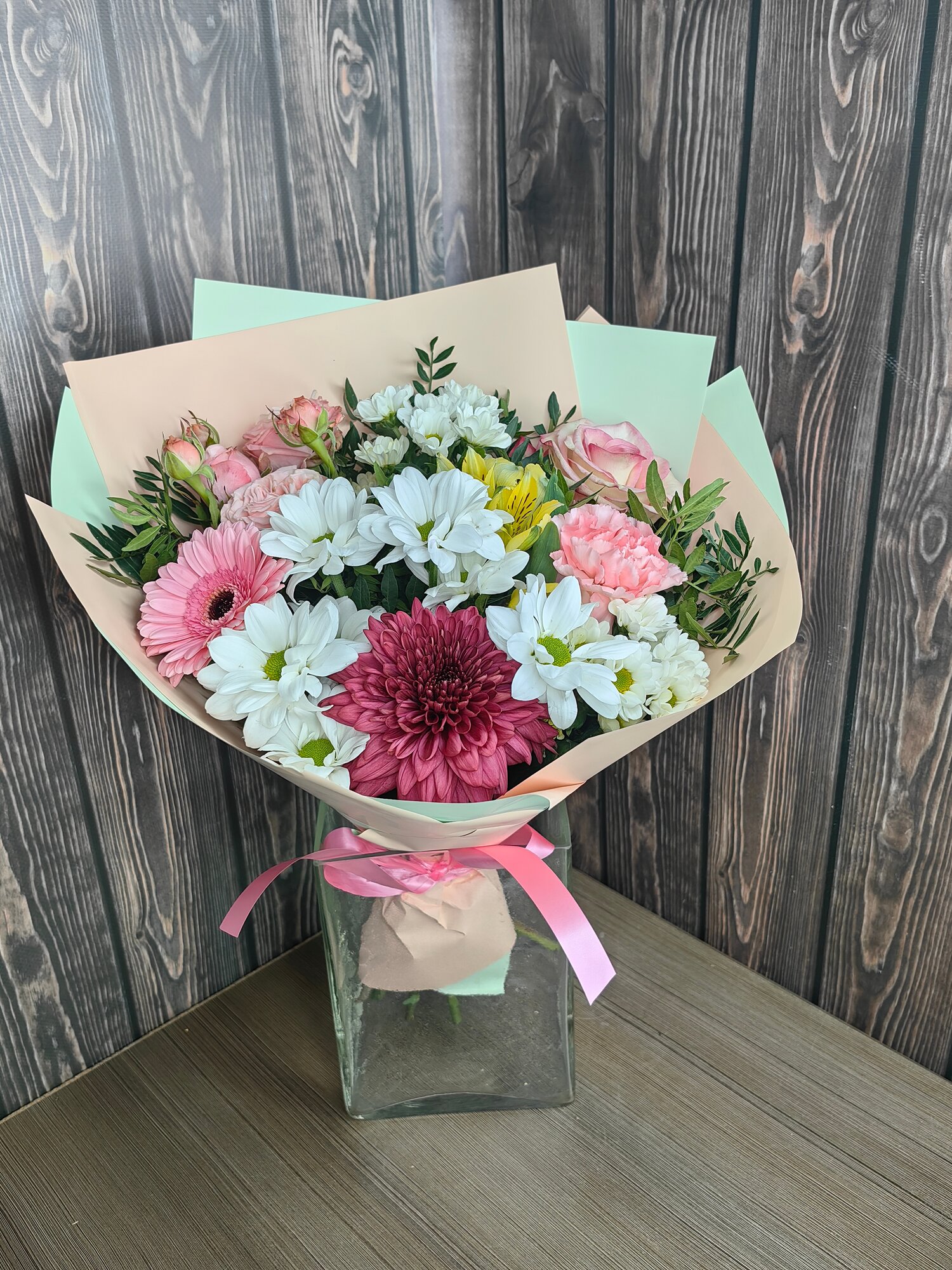 Букет "Летний", гербера, хризантема, роза, ромашка, альстромерия