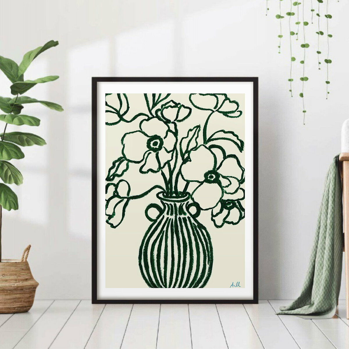 Постер "Букет цветов эскиз художника" 50x70 в черной рамке для интерьера на стену