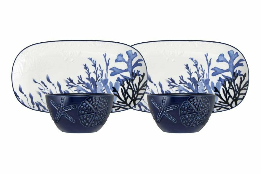 Набор 4 пр, 2 блюда/2 салатника, керамика К, белое/синий, Синие кораллы, Blue Coral (Maxwell&Williams)